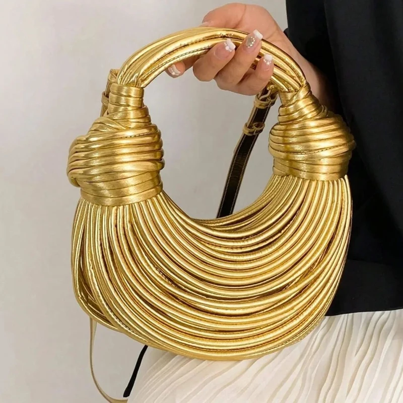 Gold-Hobo-Handbag-Rope-Knotted-Pulled-Clutch-Women-Luxury-Designer ...