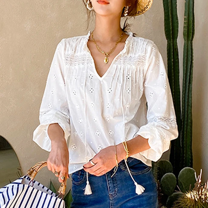 TEELYNN 100%Cotton Floral Embroidery White Lace Blouse shirt For Women Vintage V Neck Long ...