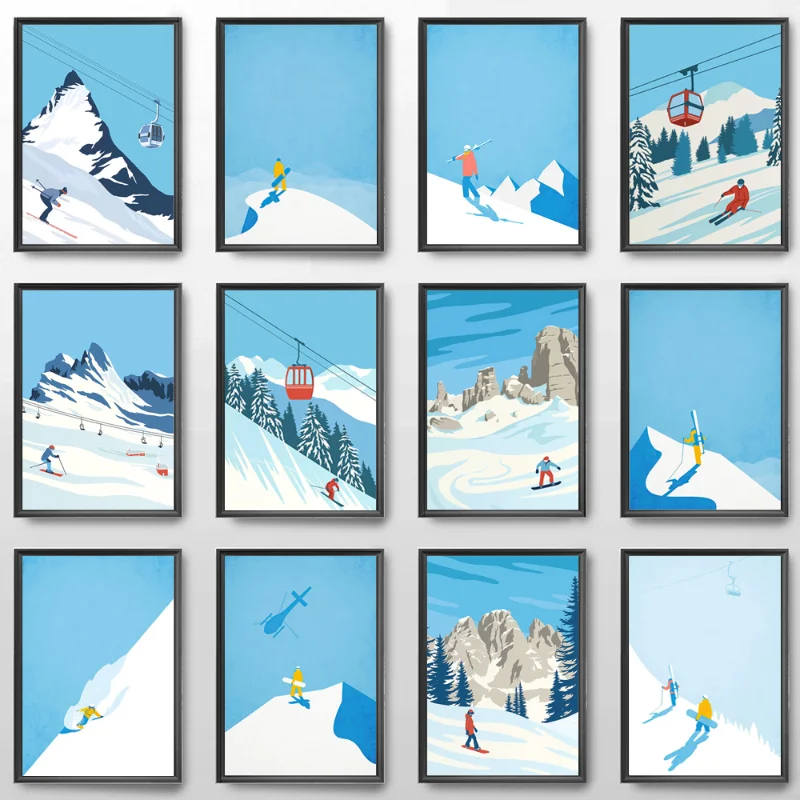 Blue-Skiing-Snowboard-Mountain-Winter-Canvas-Painting-Ski-Sport-Wall ...