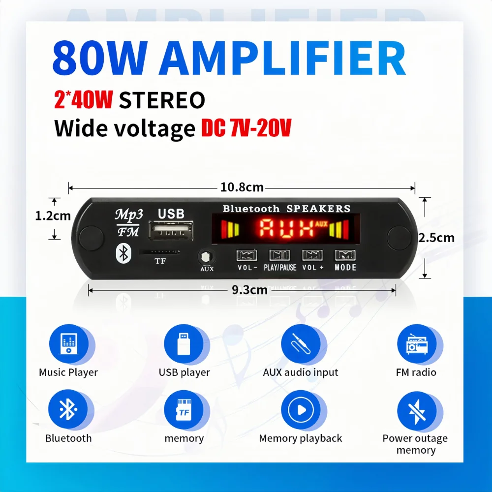 2*40W 80W Amplifier MP3 Player Decoder Board 12V 18V Wireless Bluetooth ...