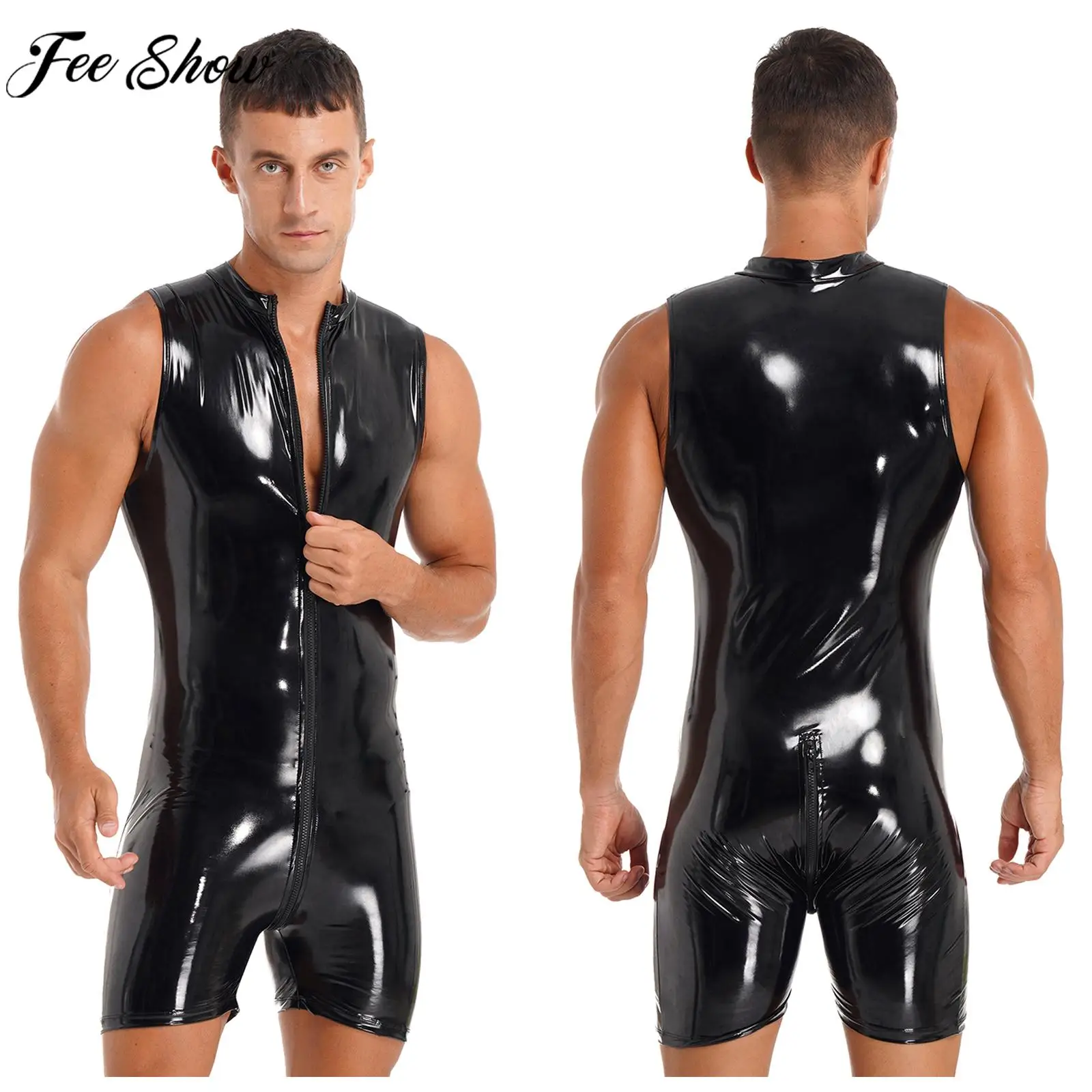 Men Zipper Patent Leather Bodysuit Sleeveless Wet Look Jumpsuit ...