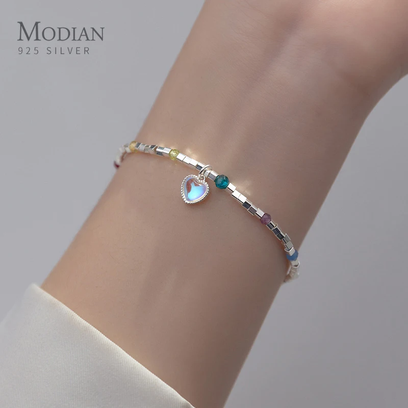 Modian-Real-925-Sterling-Silver-Romantic-Heart-Moonstone-Bracelet-For ...