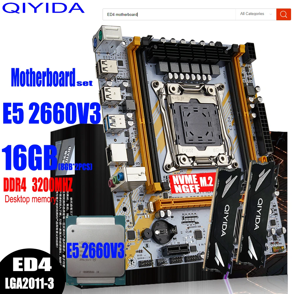 QIYIDA-X99 Kit Conjunto de Placa Mãe, LGA2011-3, Intel Xeon E5, 2660, CPU V3, 16GB, 2x8 GB ...