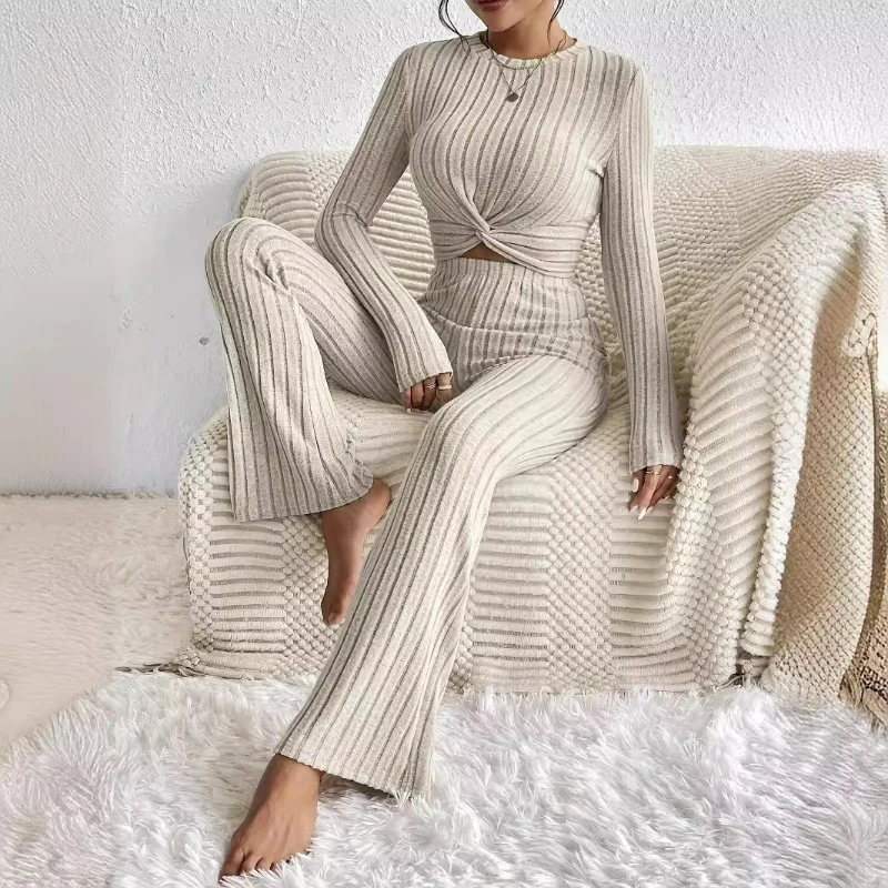 Two Piece Pant Sets Women High Waist Long Pant Suit Round Neck Short ...
