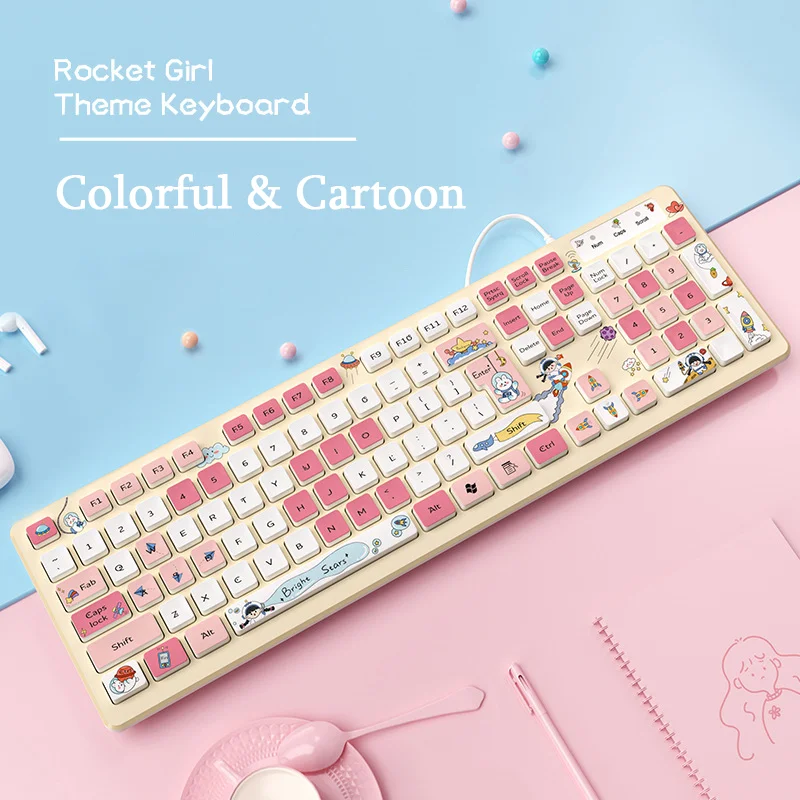 Kawaii Cute Wireless Keyboard With Numeric 104Key Cartoon Silent Wired ...