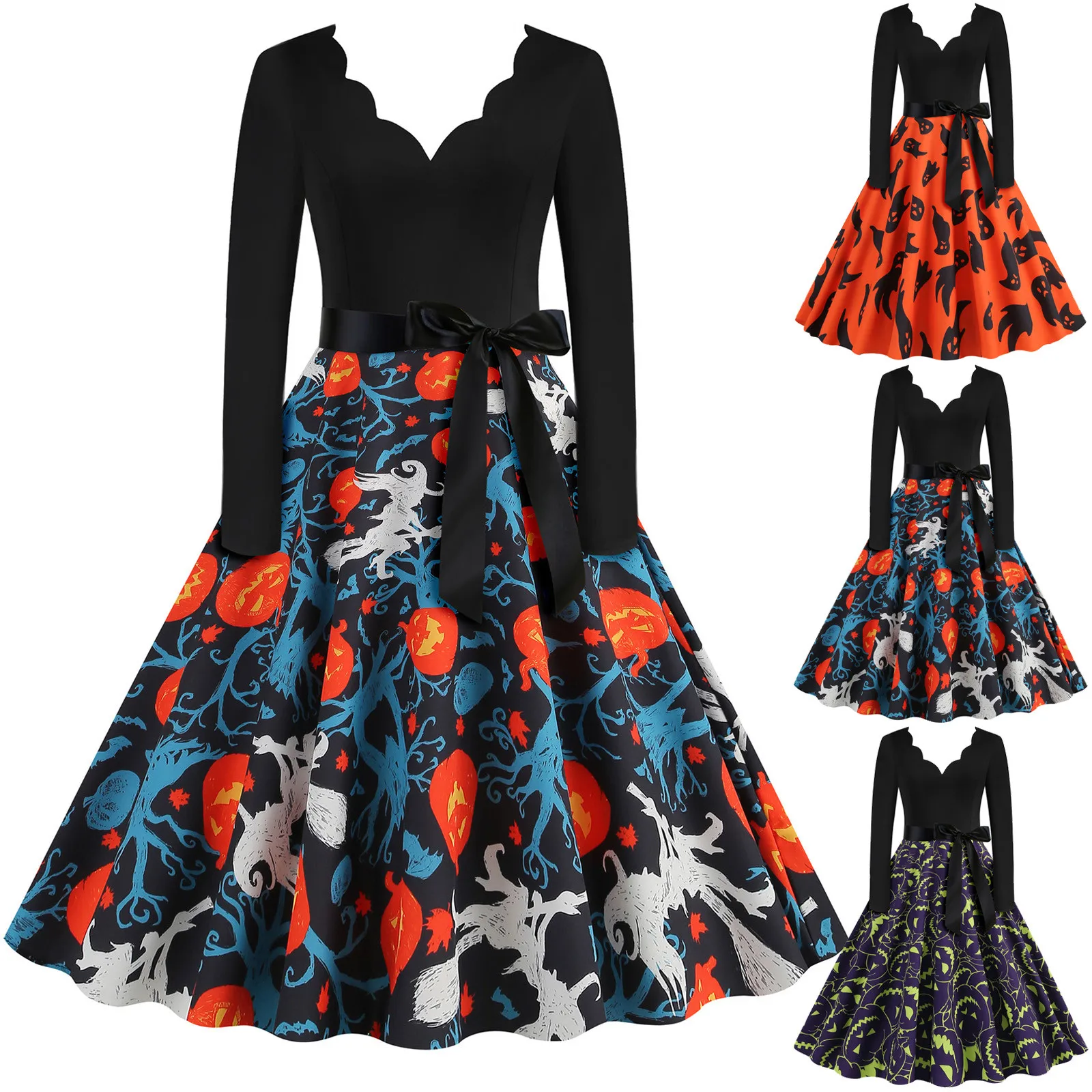 Plus-Size-3XL-Halloween-Costumes-Vintage-Print-Long-Sleeve-Womens-Dress ...