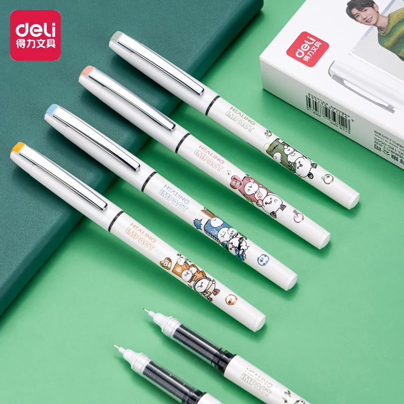 Deli-0-5mm-Black-Ink-Straight-Liquid-Ballpoint-Pen-For-Writing-Office ...
