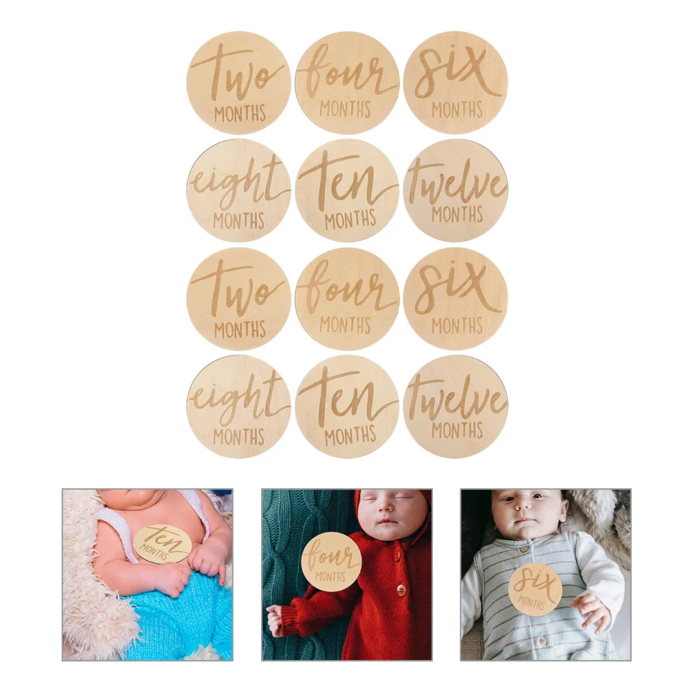 12 Pcs Board Baby Growth Card Emblems Wooden Double-sided Monthly ...