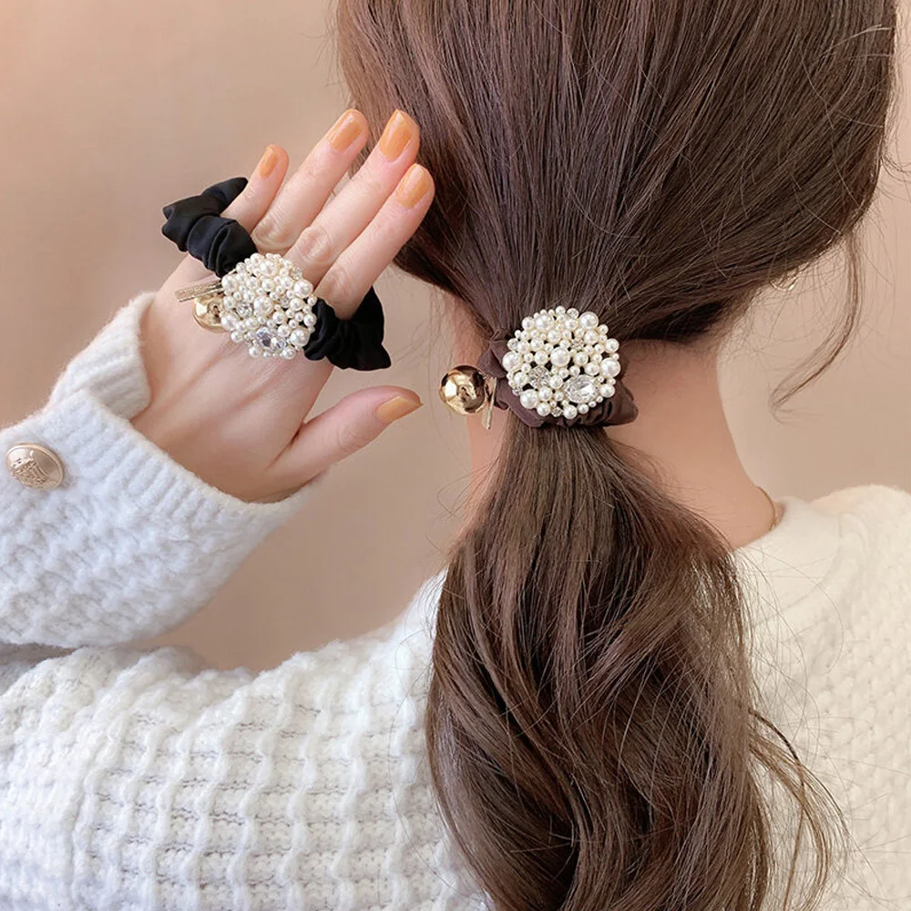 Luxury-Pearl-Rhinestone-Hair-Rope-Elastic-Round-Hair-Tie-For-Women ...