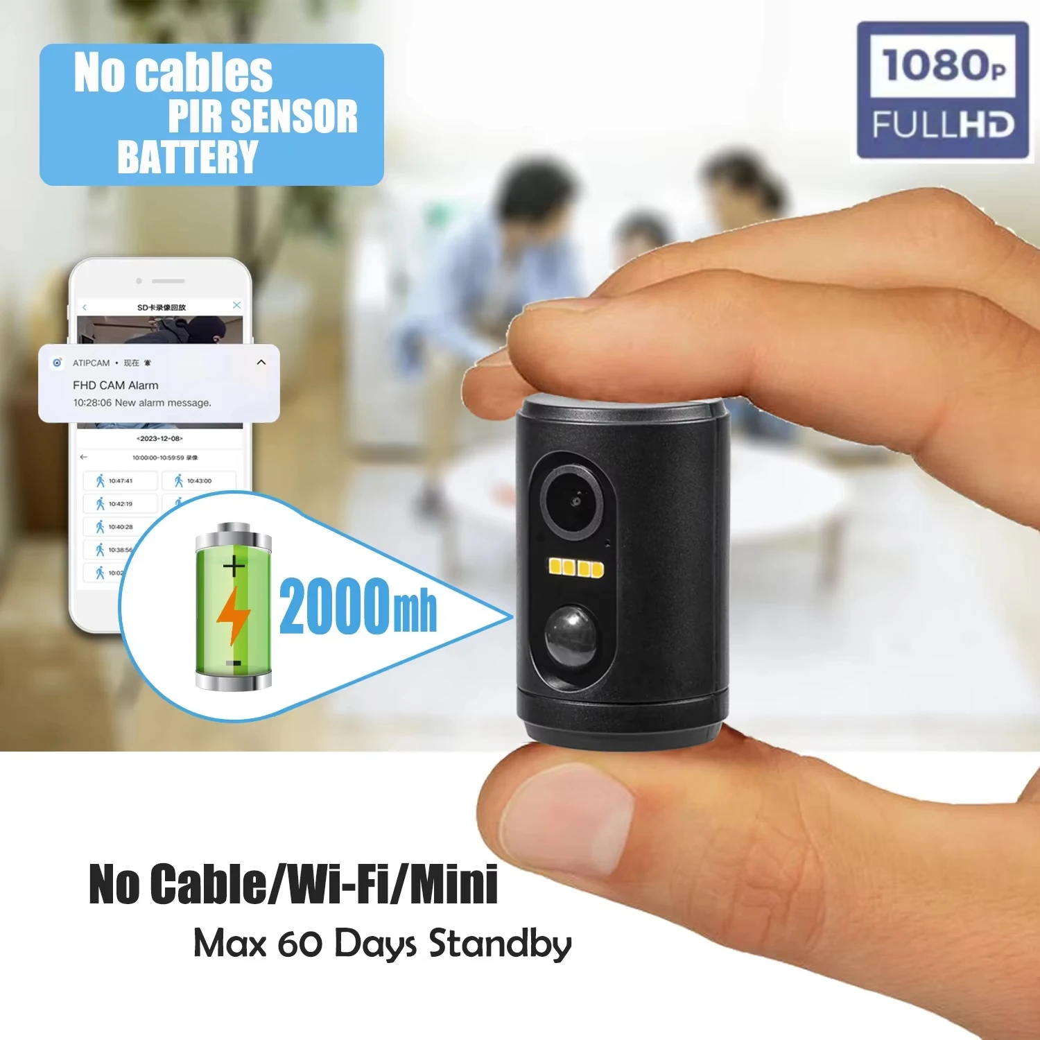 Mini cámara inalámbrica Wifi de 2MP con batería de Larga modo de reposo ...