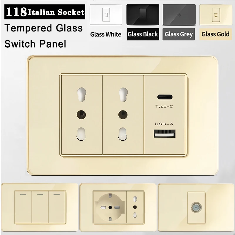118 Series Golden Tempered Glass Italian/Chile Standard 16A Wall Power ...