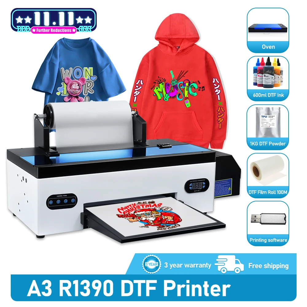 직물 DTF 프린터용 화이트 잉크 순환 티셔츠 프린터, A3 DTF 티셔츠 인쇄기, 직접 전사 필름, R1390 DTF