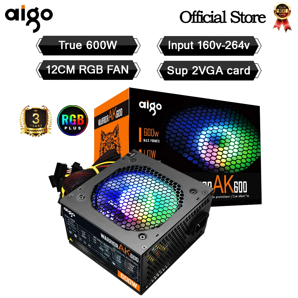 Aigo AK 600W PC PSU Power Supply unit Black Gaming Quiet 120mm rgb Fan 24pin 12V ATX Desktop ...