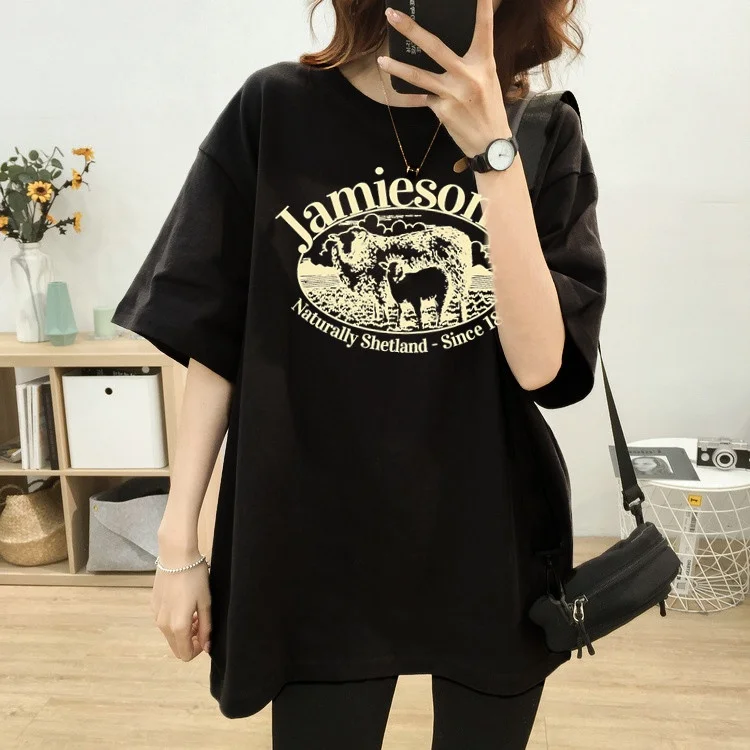 한국 스타일 얼짱 퓨어 코튼 반팔 티셔츠 여성 플러스 사이즈 배꼽 커버 Ins 패션 브랜드 루즈 레트로 홍콩 스타일 시크 탑 Aliexpress