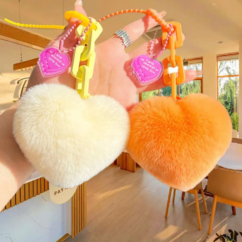 Cars Accessory Natural Fur Heart Charm Keychain Soft Creative Plush ...