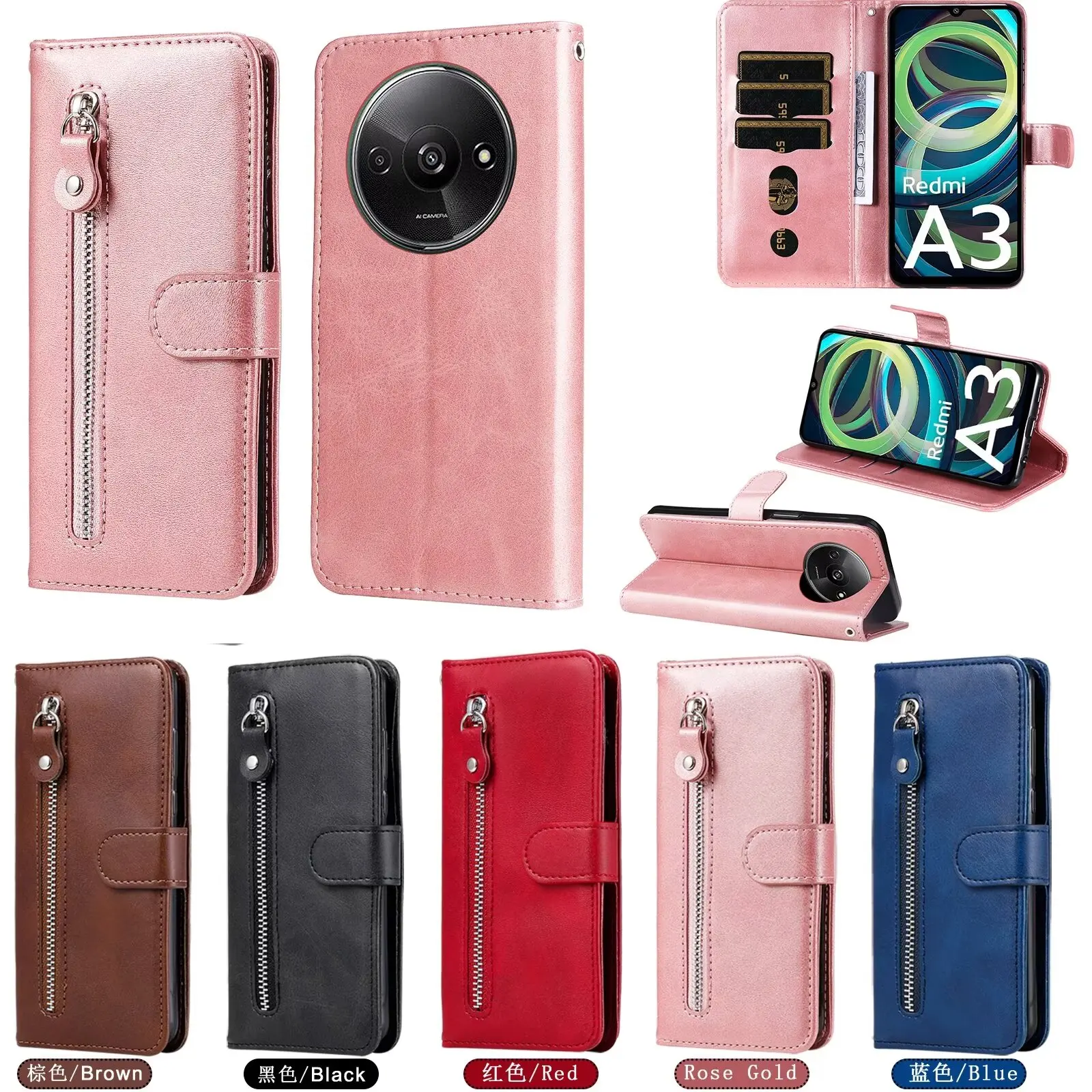 Redmi-A3-Luxury-Zipper-Leather-Case-Flip-Retro-Skin-Wallet-Book-Card ...