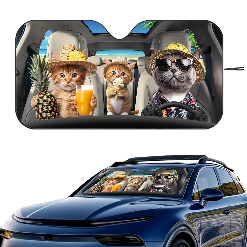 Cat Driving Car Pattern Car SunShade Windshield Foldable Three-layer ...