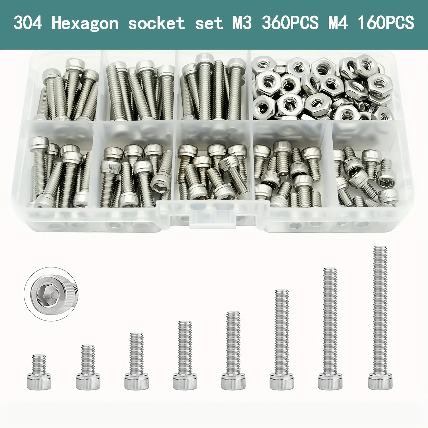 320-pieces-160-pieces-of-metric-M3-M4-304-stainless-steel-socket-head ...