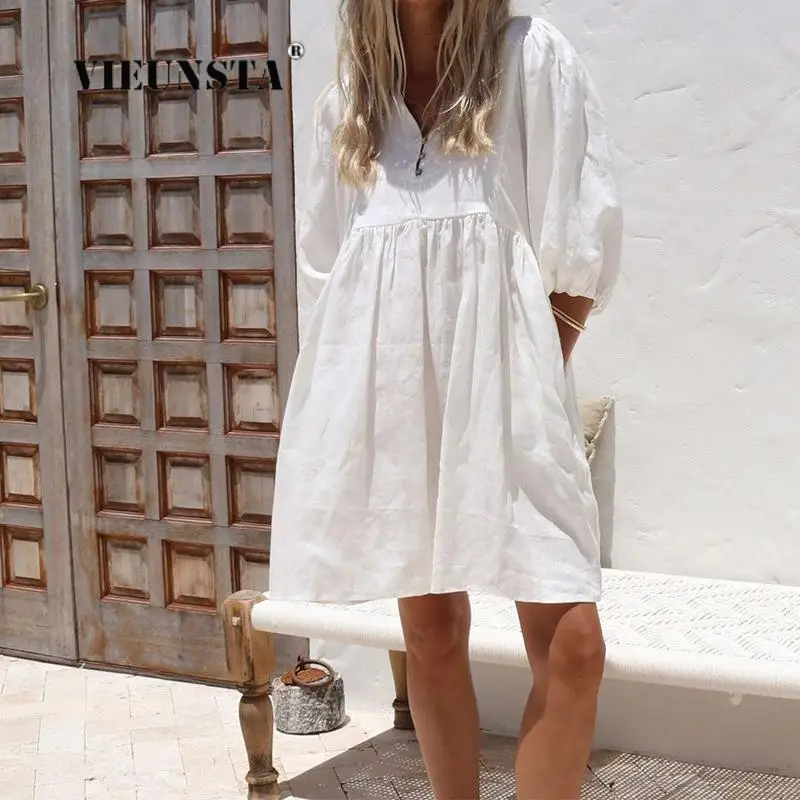 Vestido-acampanado-de-manga-abullonada-para-mujer-vestido-Midi-informal ...