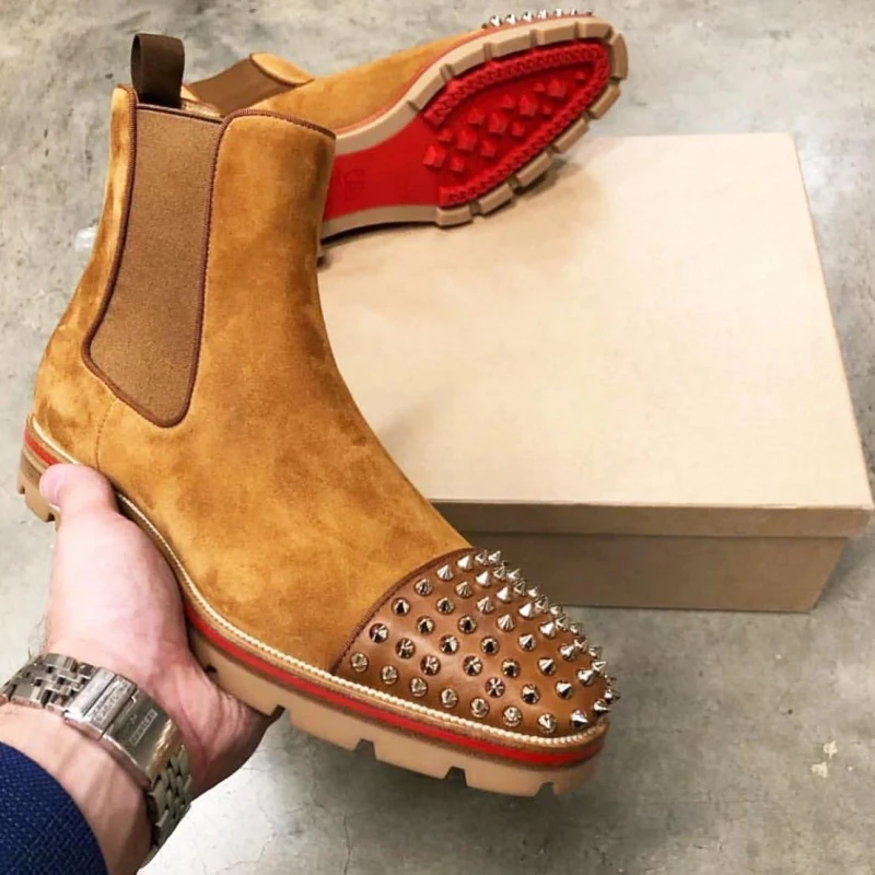 New-Red-Sole-Men-Chelsea-Boots-Rivet-Square-Toe-Flock-Slip-On-Business ...