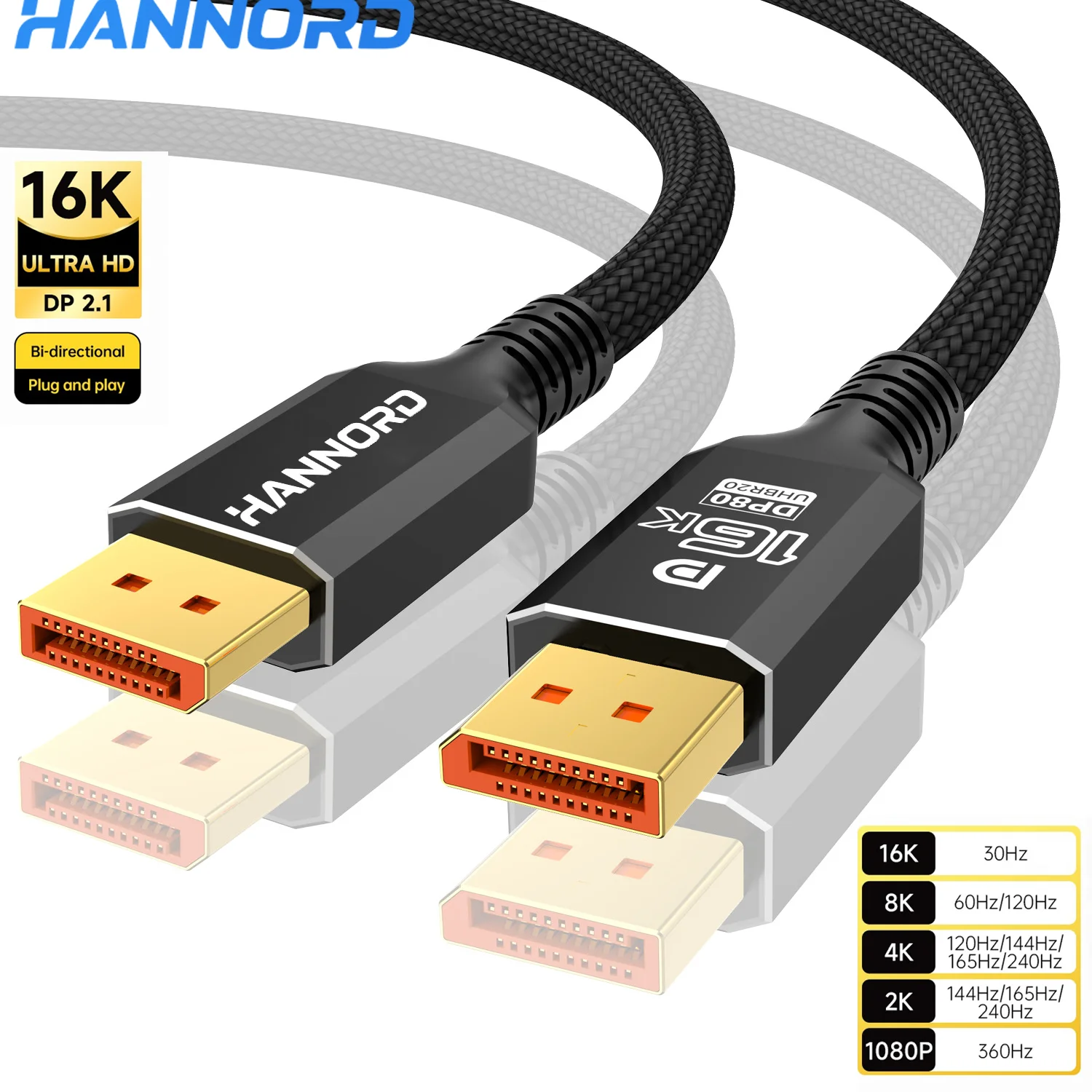 Hannord Displayport Cable DP2.1 8K@60Hz 4K@240Hz 80Gbps HDR Video Audio ...