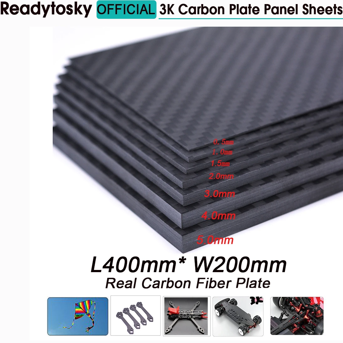 Placa de fibra de carbono Real, 400mm X 200mm, 0,5mm, 1mm, 1,5mm, 2mm ...