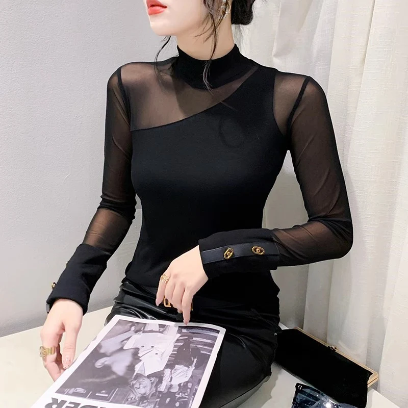 Autumn-Winter-Half-High-Collar-T-shirt-Patchwork-Long-sleeved-Mesh-Tops ...