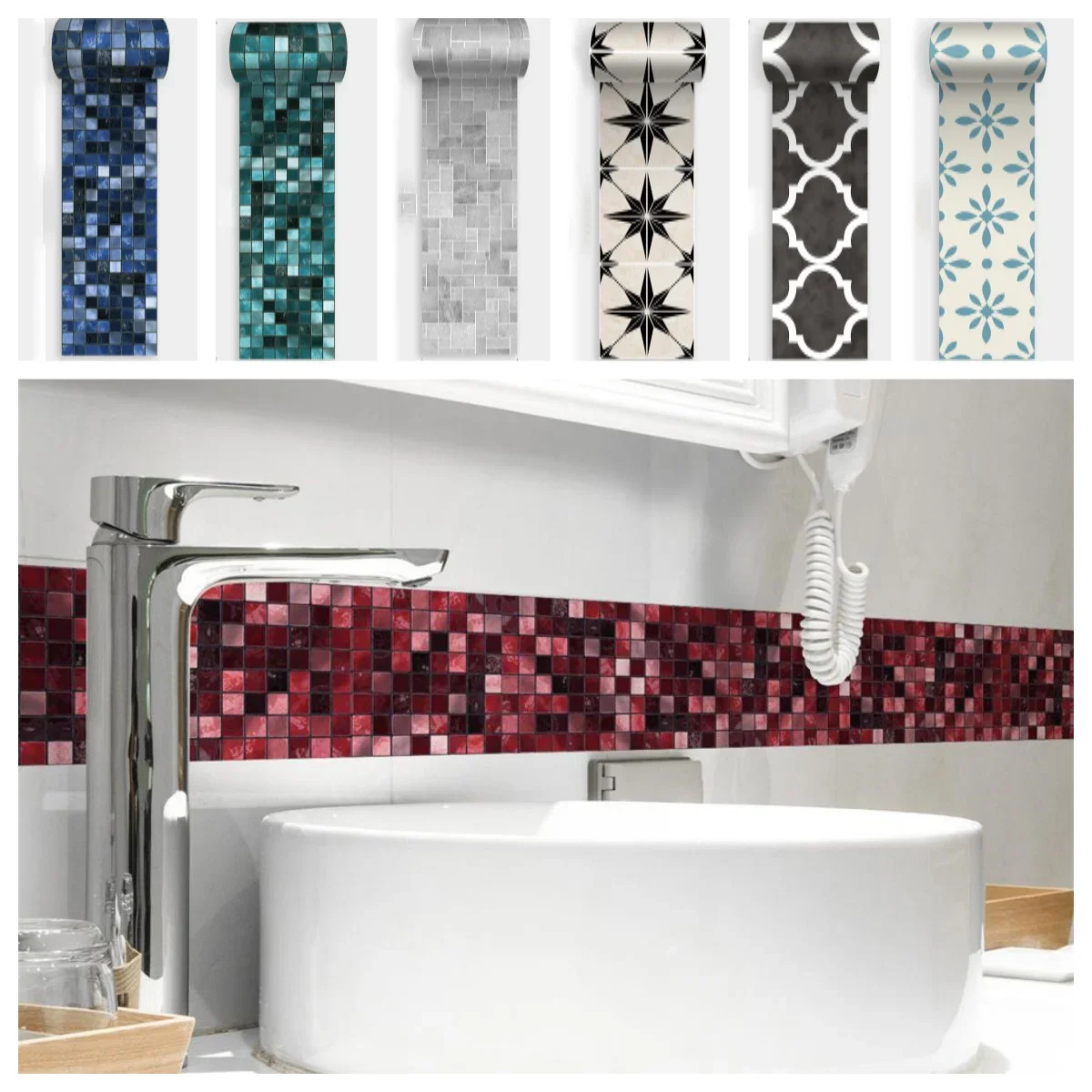 Red Mosaic Bathroom Waterproof Waistline Wall Stickers Self Adhesive ...