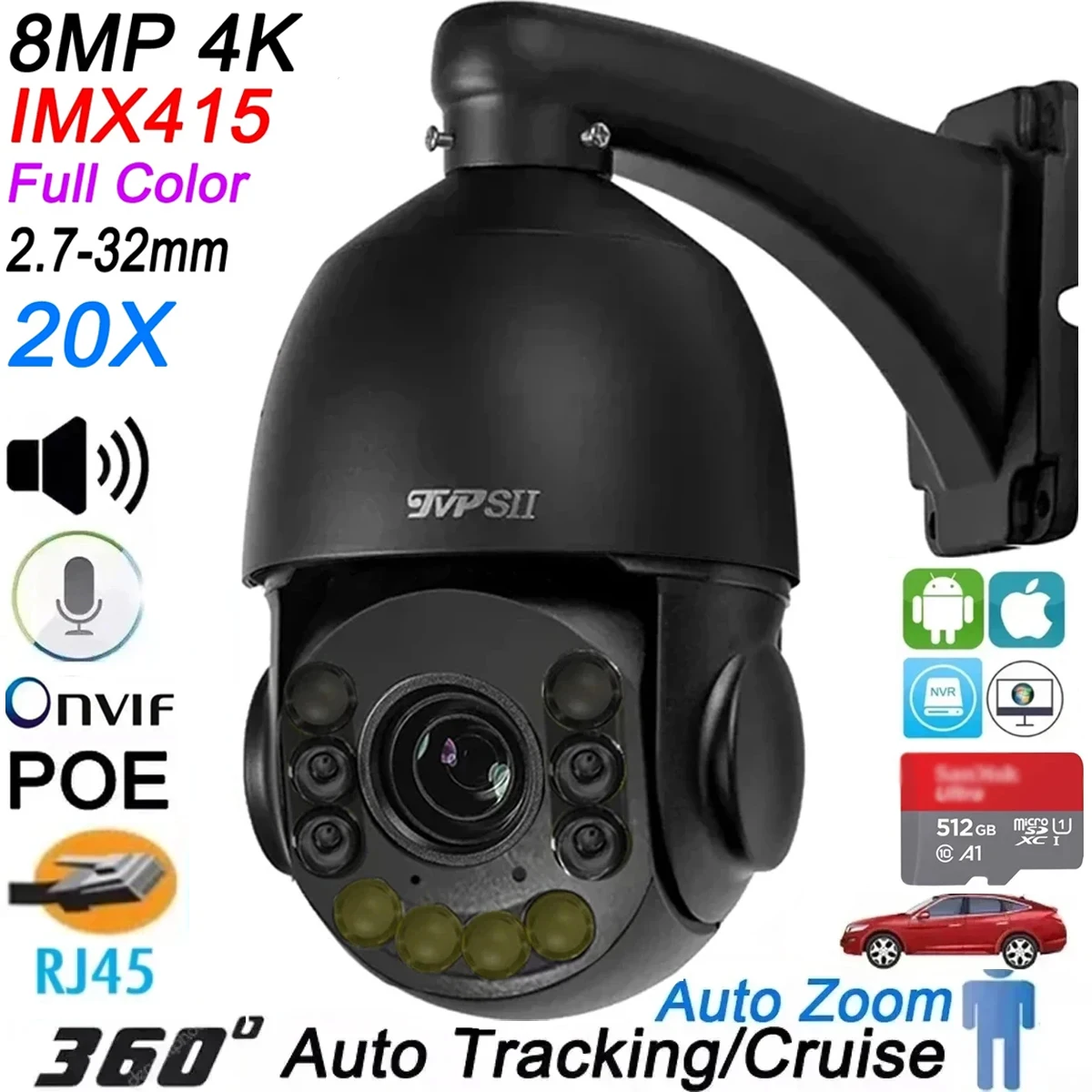Onvif Protocol Max.512G Metal Full Color Auto Tracking 8MP 4K 20X Zoom ...