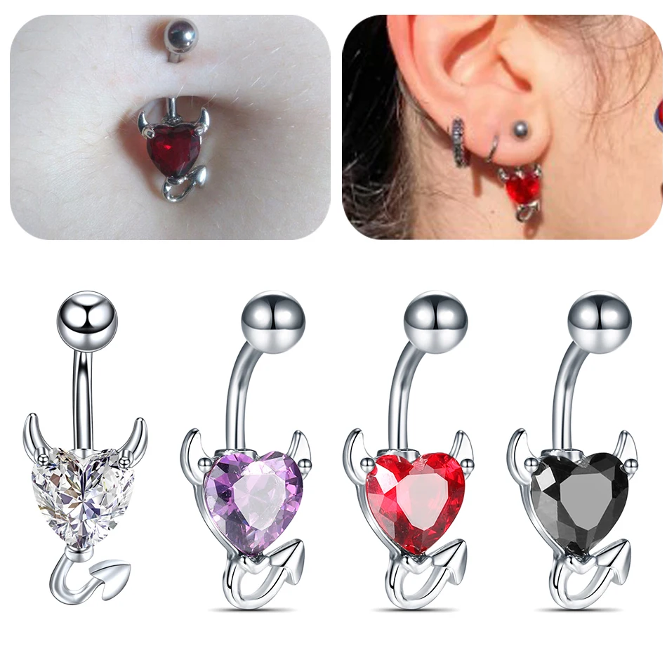 1PC Surgical Steel Heart Navel Belly Button Rings Devil Shape Red CZ ...