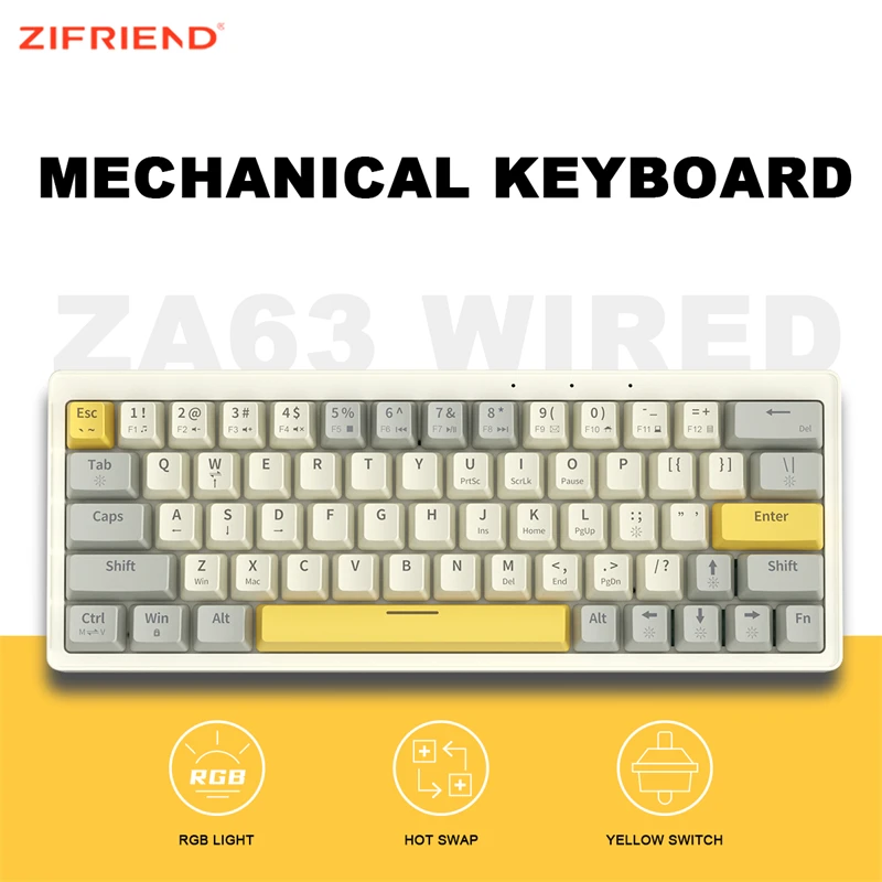 ZIFRIEND-ZA63-Wired-Mini-Mechanical-Keyboard-Hot-Swap-RGB-63-Keys ...