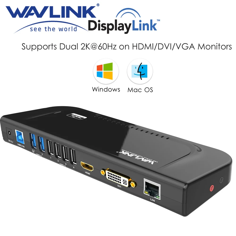 Wavlink USB 3.0 범용 디스플레이 링크 도킹 스테이션, 노트북, PC, Mac용 외부 기가비트 이더넷, 듀얼 2K ...