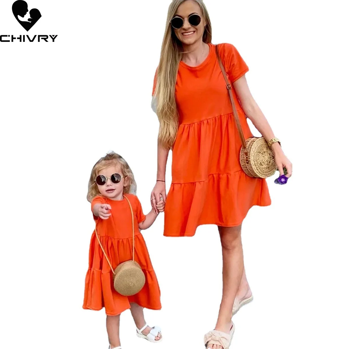 New-Mother-Daughter-Summer-Loose-Dresses-Short-Sleeve-O-Neck-Solid ...