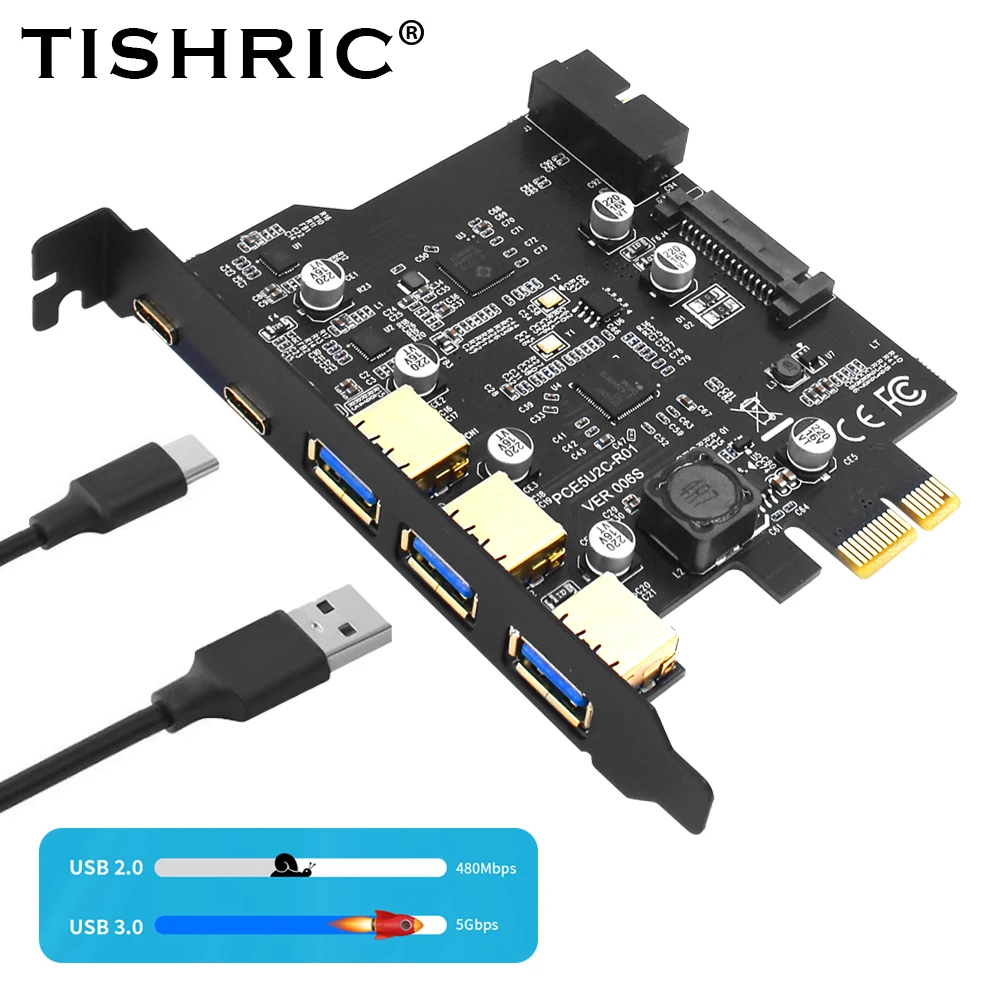 TISHRIC PCIE USB 유형 C 어댑터 PCI E Express 확장 카드 PCIE 1X ~ 3 USB3.0 유형 C ...