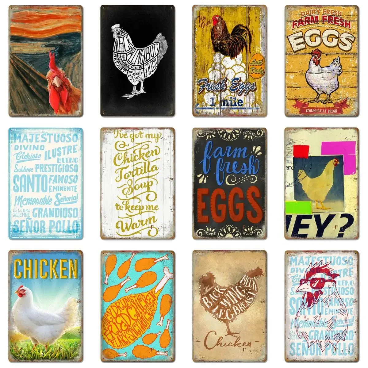 Vintage-Jeek-Chicken-Poster-Plates-Rooster-Hens-Metal-Tin-Signs-Retro ...