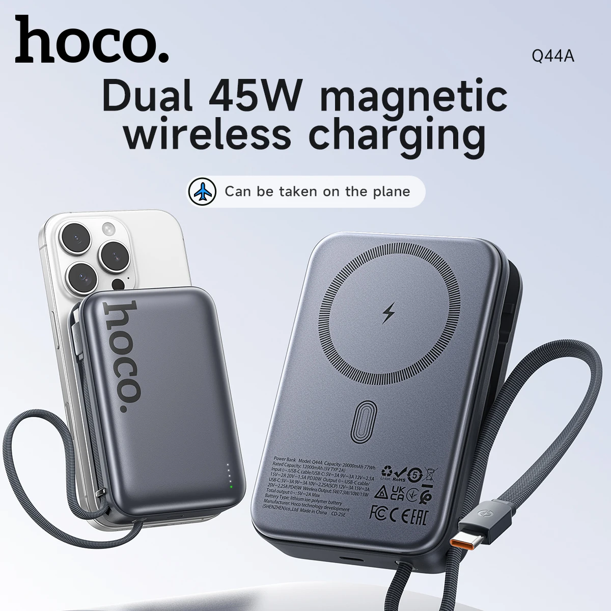 HOCO 20000mAh PD45W Fast Charging Wireless Power Bank For iPhone 16 15 ...