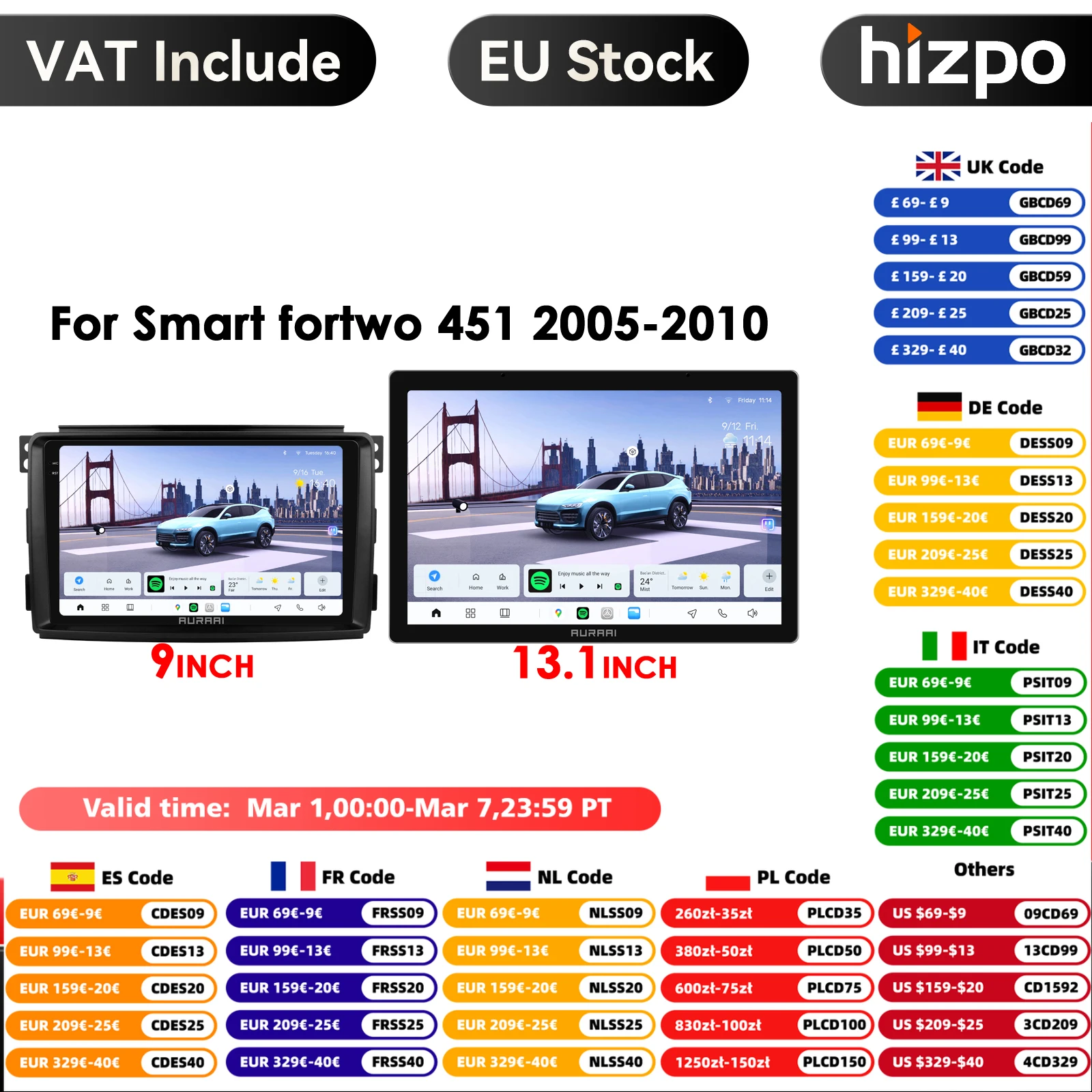 Hizpo 9 inch Car Radio for Smart Fortwo 2006 2007 2008 2009 2010 ...