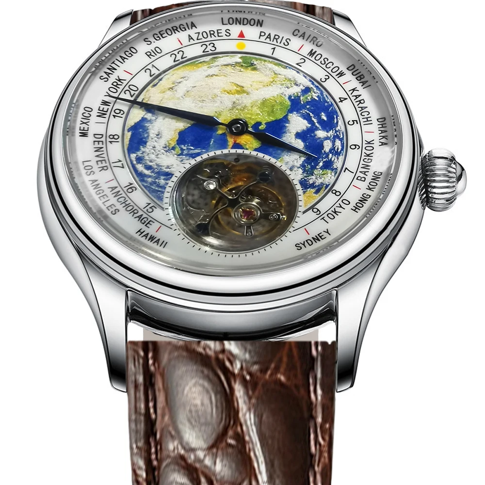 Men's Globe Earth Tourbillon Mechanical Watches Seagull St8000 Movement ...