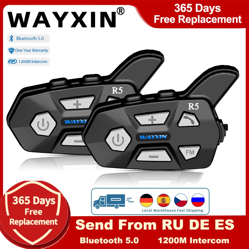 Wayxin Bluetooth 5.0 Motorcycle Intercom Helmet 2 People 1200m Talking ...
