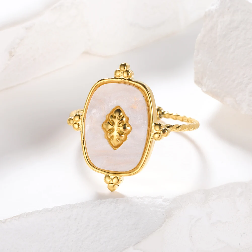 18K Gold Color Square Acrylic White Ring For Women Fashion Natural ...