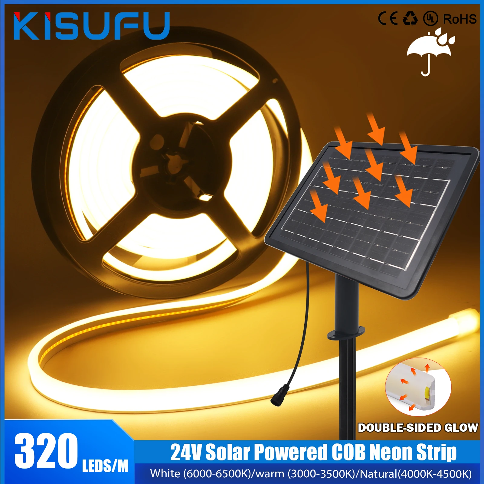 24V Solar COB LED Neon Strip Double Side Glow 320 LEDs/m Waterproof ...