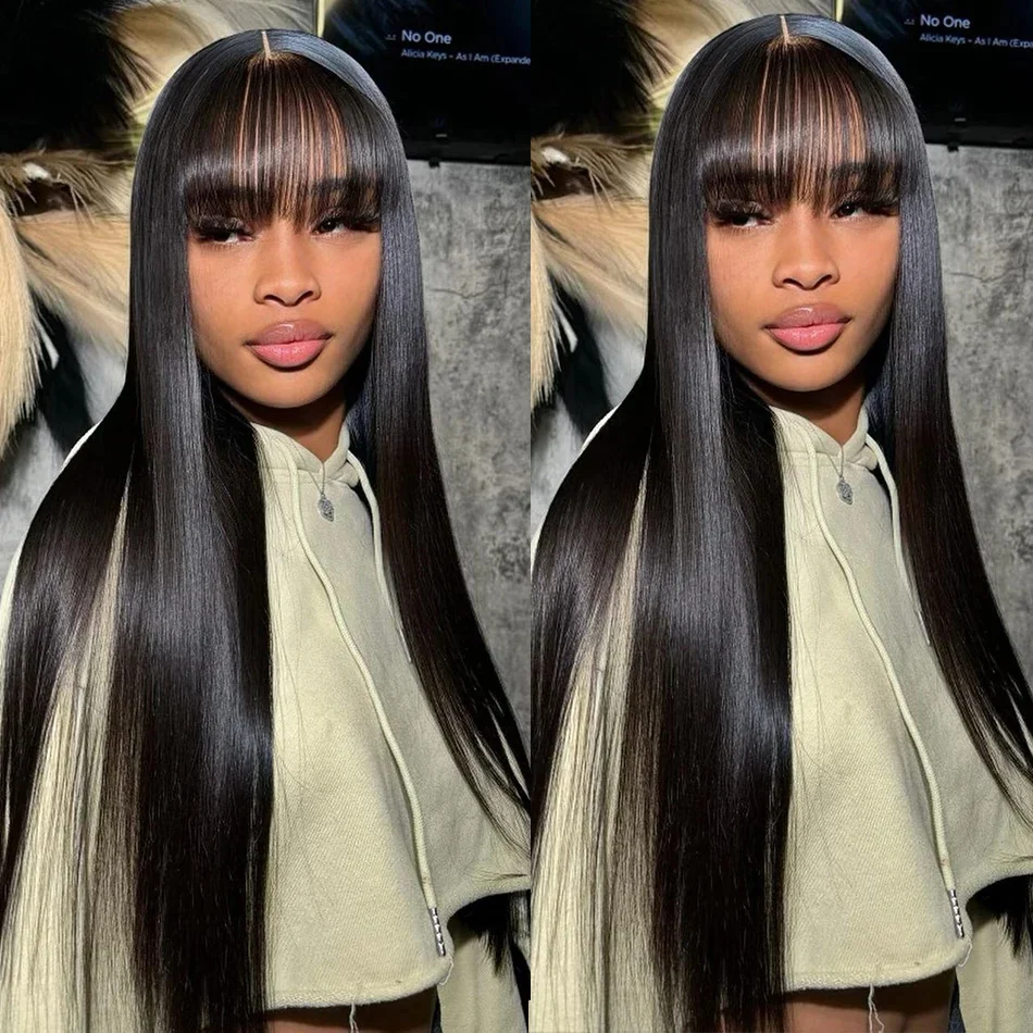 Brazilian-Bone-Straight-Long-100-Human-Hair-Wigs-With-Bangs-Glueless ...