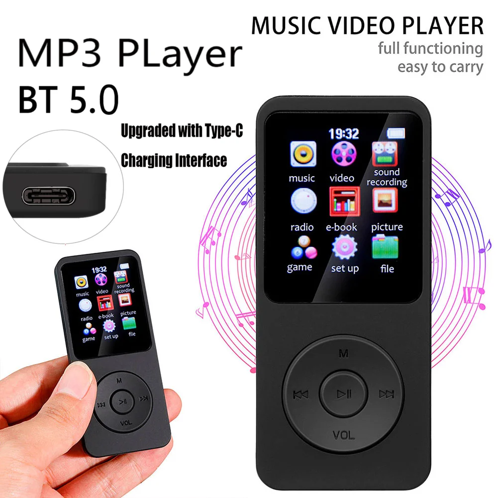 Portable MP3 Player 1.8 Inch Walkmen Type-C Bluetooth 5.0 Compatible E ...