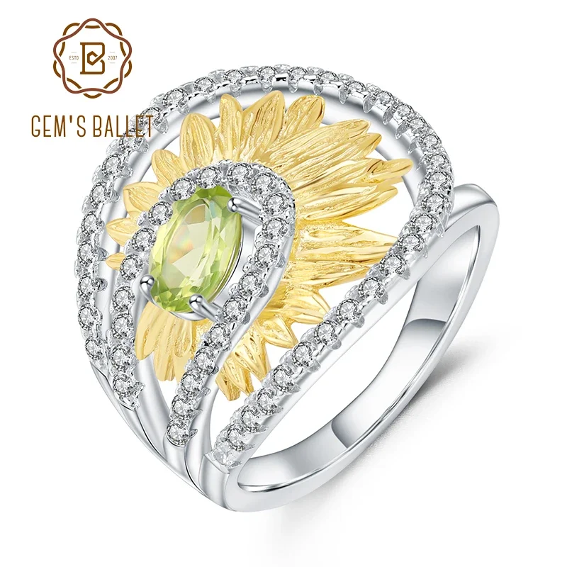GEM'S BALLET 0.86Ct Natural Peridot Sunflower Rings 925 Sterling Silver ...