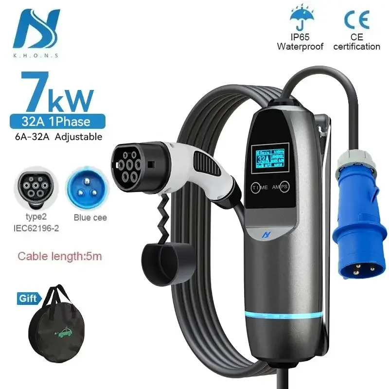 Khons-Portable-Electric-Car-Charger-16A-32A-5m-Cable-EVSE-Charger-CEE ...