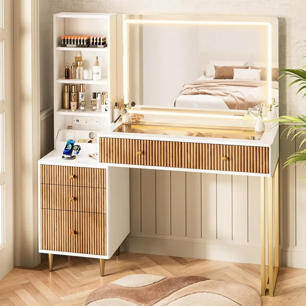 Lighted Mirror & Charging Station, Dressing Table with Modern Fluted ...