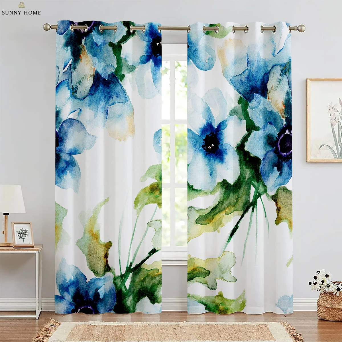 Watercolor Floral Print Curtains Pastoral Style Polyester Fiber Machine ...