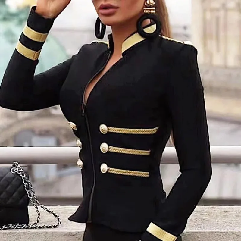 Women Zipper Coats Full Sleeve Stand Collar Jackets Midi Waist Casual ...