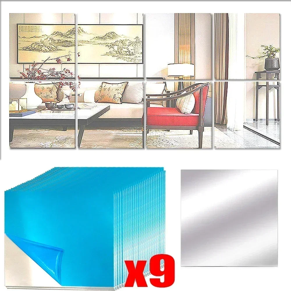 9Pcs-Squares-Mirror-Wall-Stickers-High-Quality-Self-Adhesive-Silver ...
