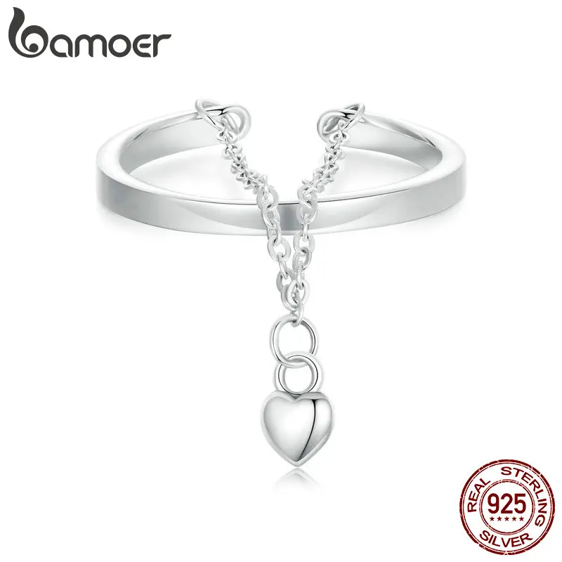 BAMOER-925-Sterling-Silver-Stackable-Heart-Chain-Double-Layer-Ring-for ...